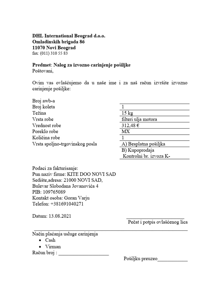 DHL Nalog Za Carinjenje-Izvoz | PDF