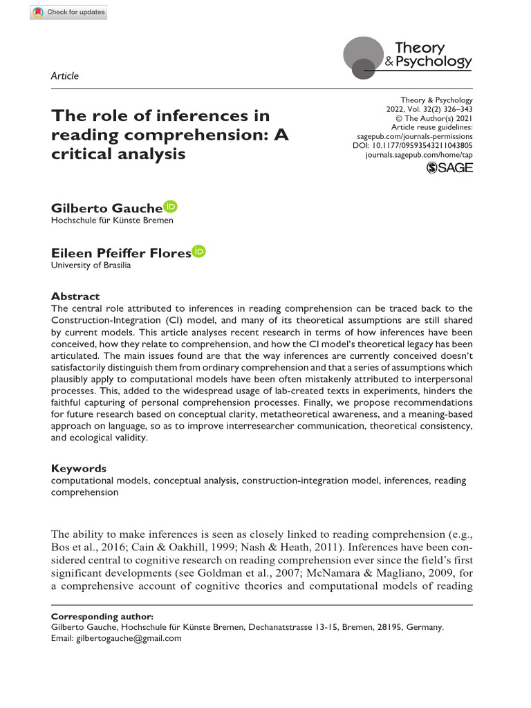 Gauche Pfeiffer Flores 2021 The Role of Inferences in Reading Comprehension A Critical Analysis ...