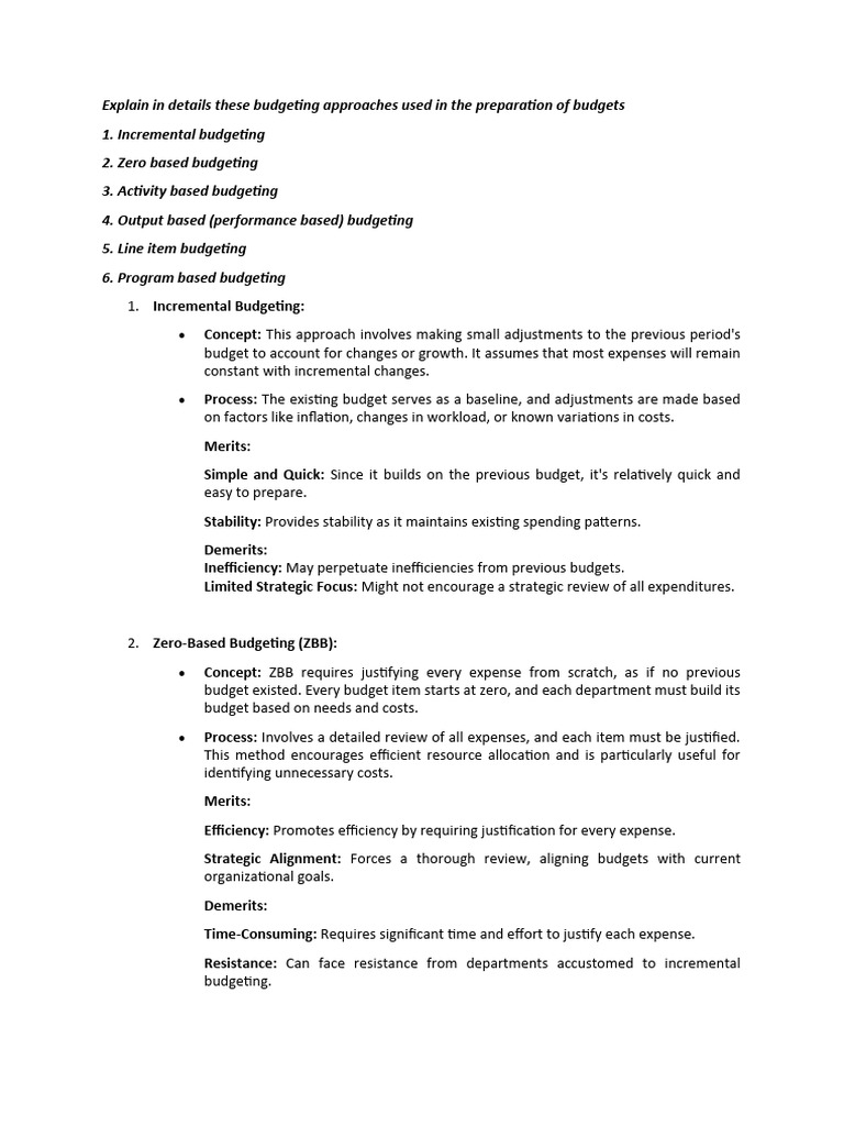 Explain in Details These Budgeting Approaches Used in The Preparation ...
