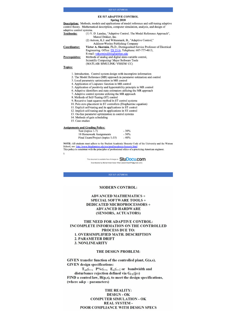 Lecture 01 Introduction Control System Design With Incomplete Information | PDF