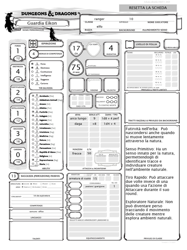 Scheda DND 5e Ranger Elfo LVL 10 | PDF