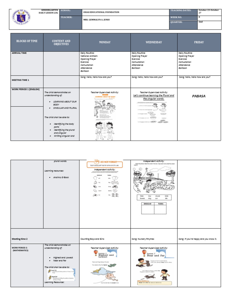 Kindergarten DLL Week7 MWF To (Print) | PDF | Learning | Teachers