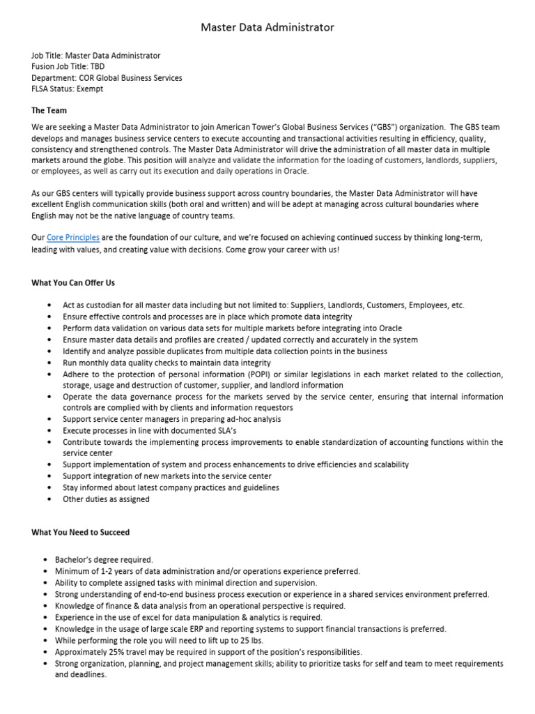 JD - Master Data Administrator | PDF | Business