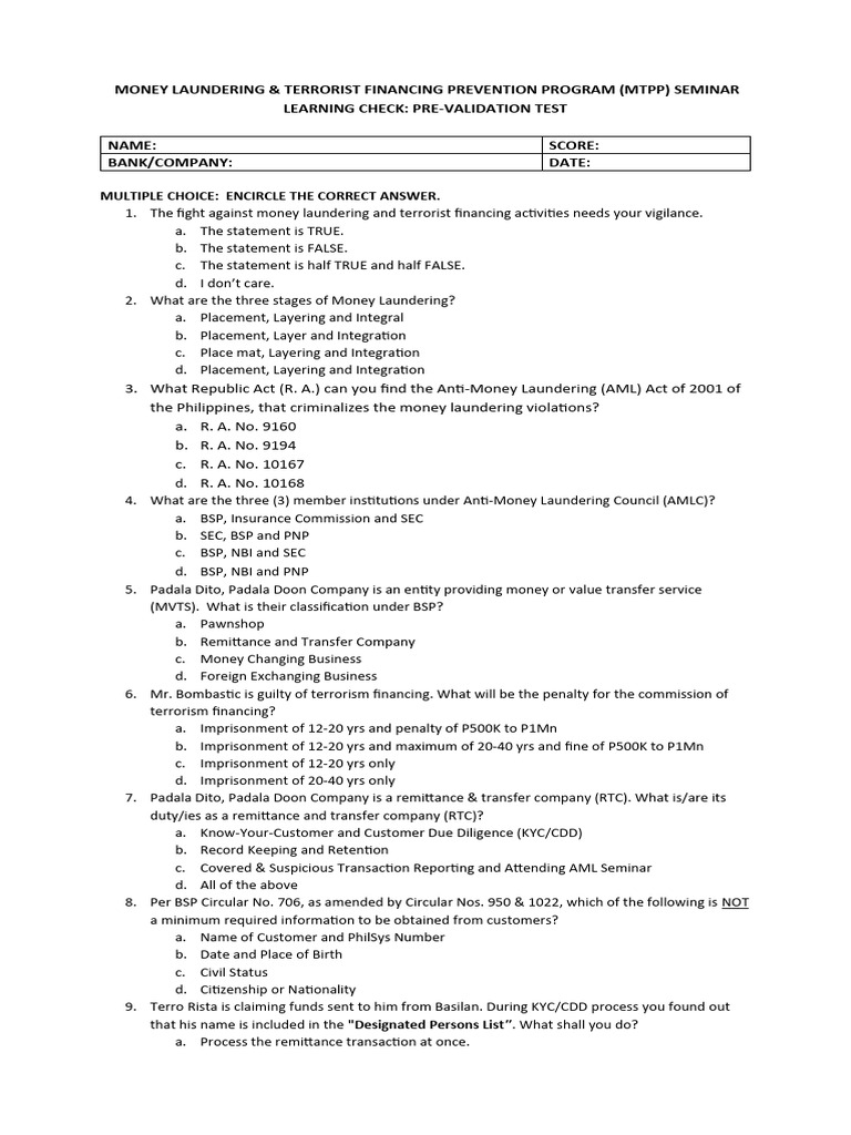 MTPP Seminar - Pre-Validation Test | PDF | Identity Document ...