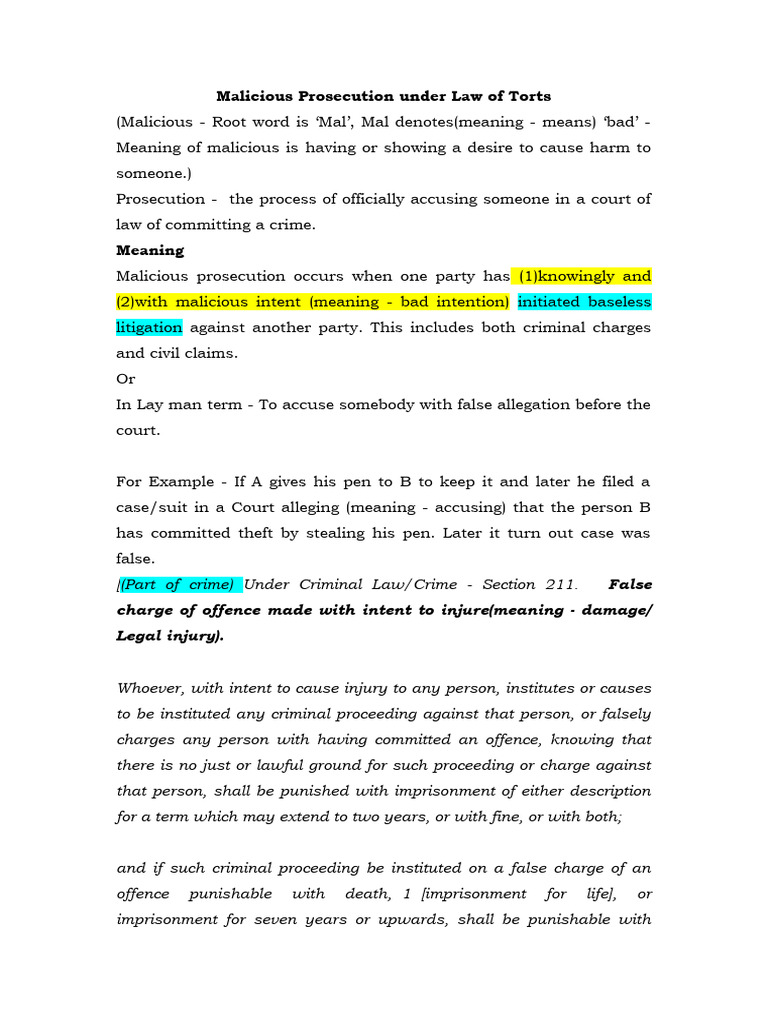 Malicious Prosecution | PDF | Malicious Prosecution | Crimes