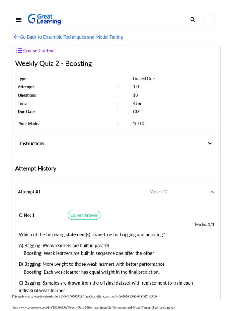 Weekly Quiz 2 Boosting Ensemble Techniques and Model Tuning Great ...
