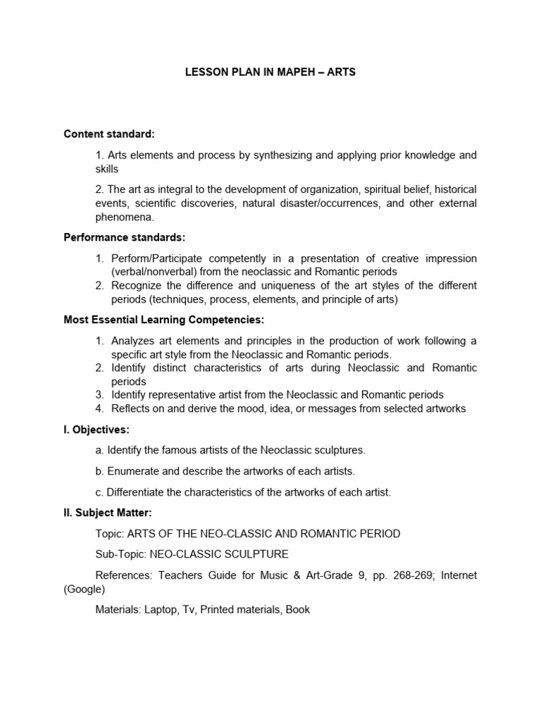 Lesson Plan in Mapeh Arts 1 | PDF | Sculpture | Romanticism