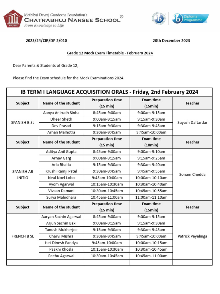 Grade 12 - Mock Exam Time Table February 2023 | PDF | Science