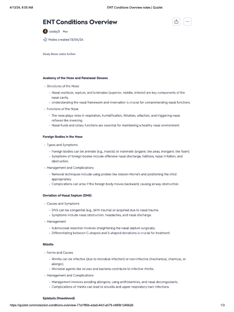 ENT Conditions Notes | PDF