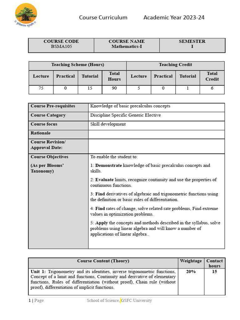 20 Syllabus Mathematics I Pdf Matrix Mathematics Eigenvalues 0180