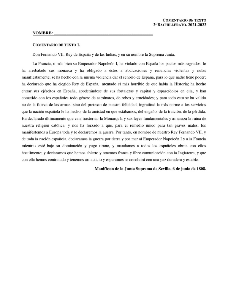 Comentarios de texto. 2º Bach. 2021-2022. Imprimir, trabajar y entregar las hojas 2 | PDF