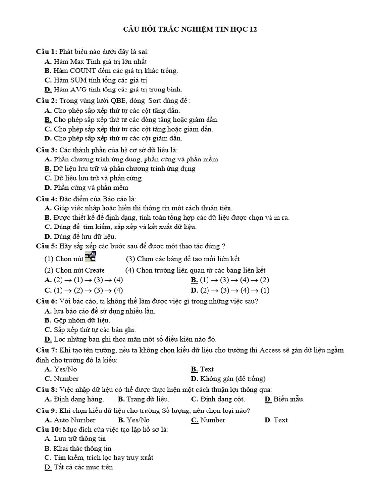 Trac Nghiem Tin Hoc 12 | PDF