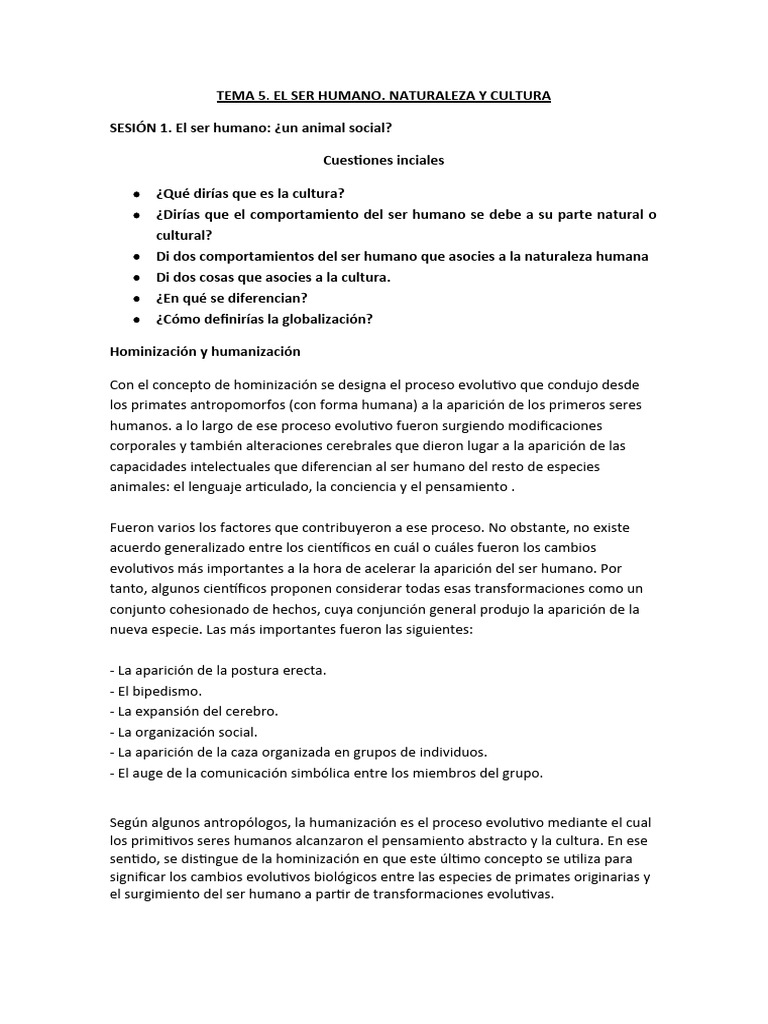 Tema 5 El Ser Humano Naturaleza y Cultura | PDF | Evolución | Existencia