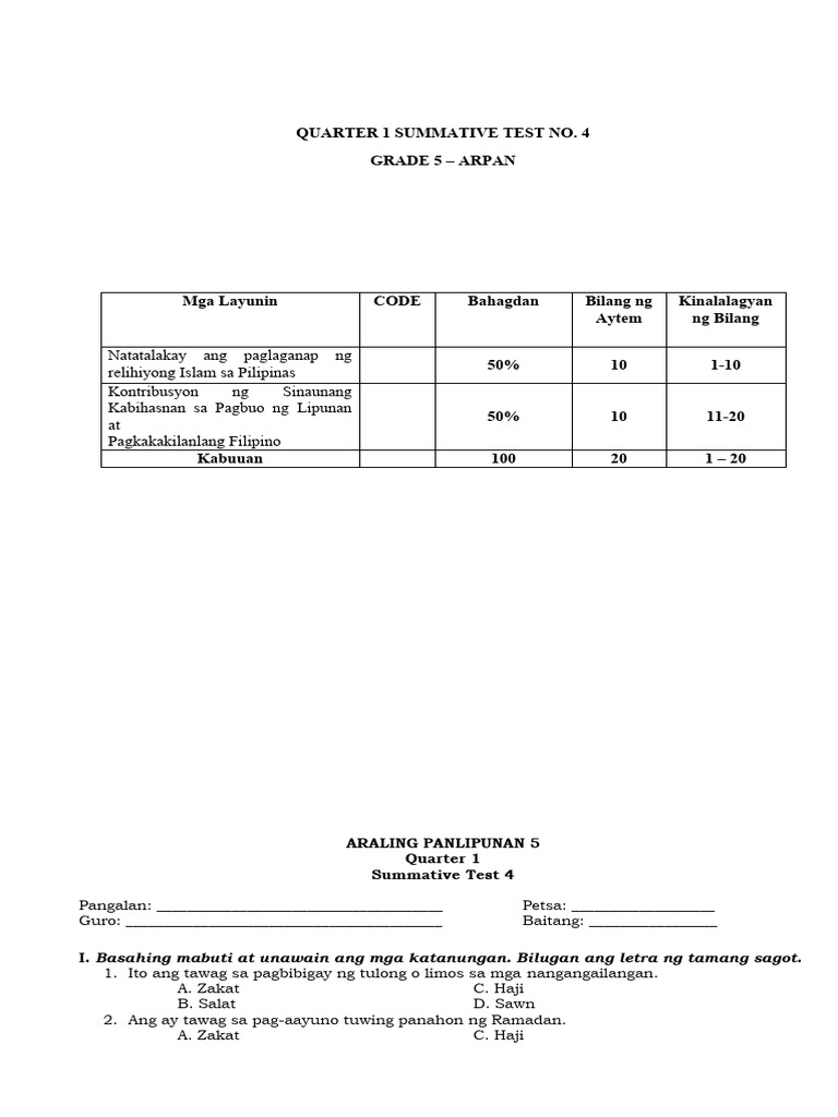 Quarter 1 Summative Test No. 4 Grade 5 - Arpan | PDF