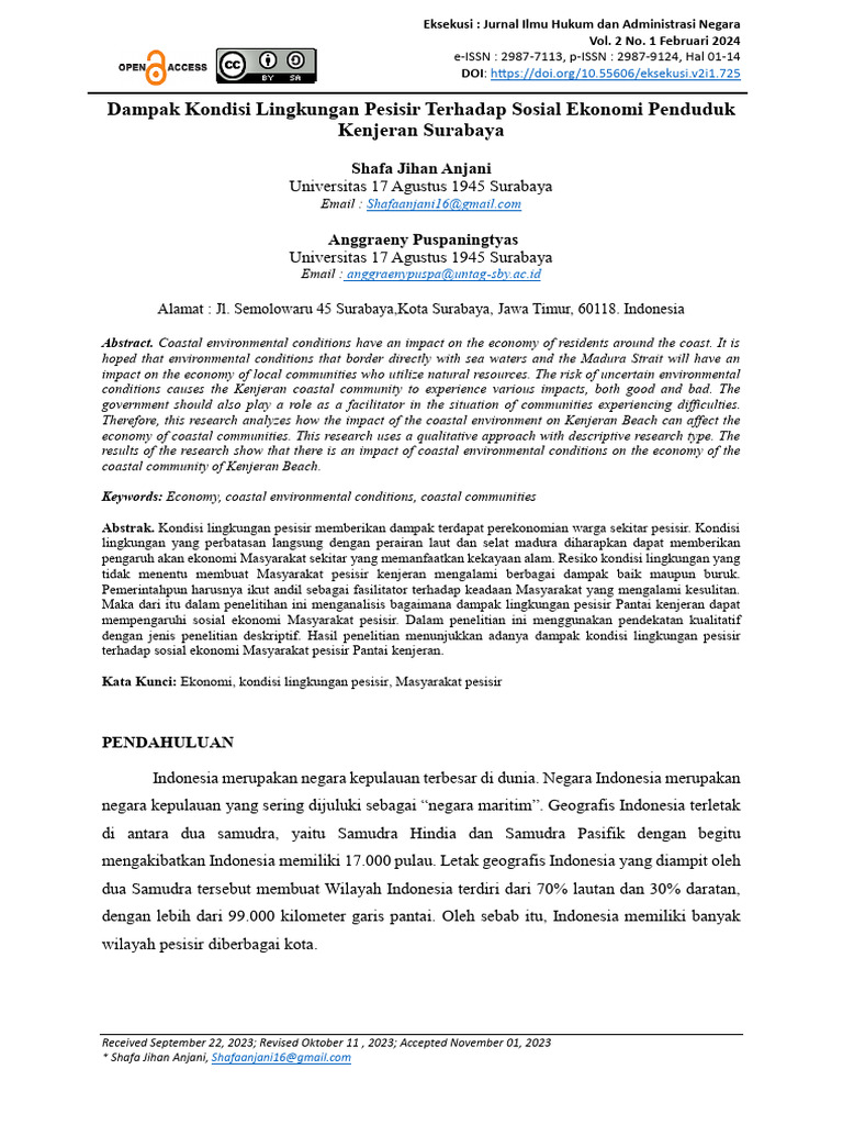 Dampak Kondisi Lingkungan Pesisir Terhadap Sosial Ekonomi Penduduk Kenjeran Surabaya | PDF