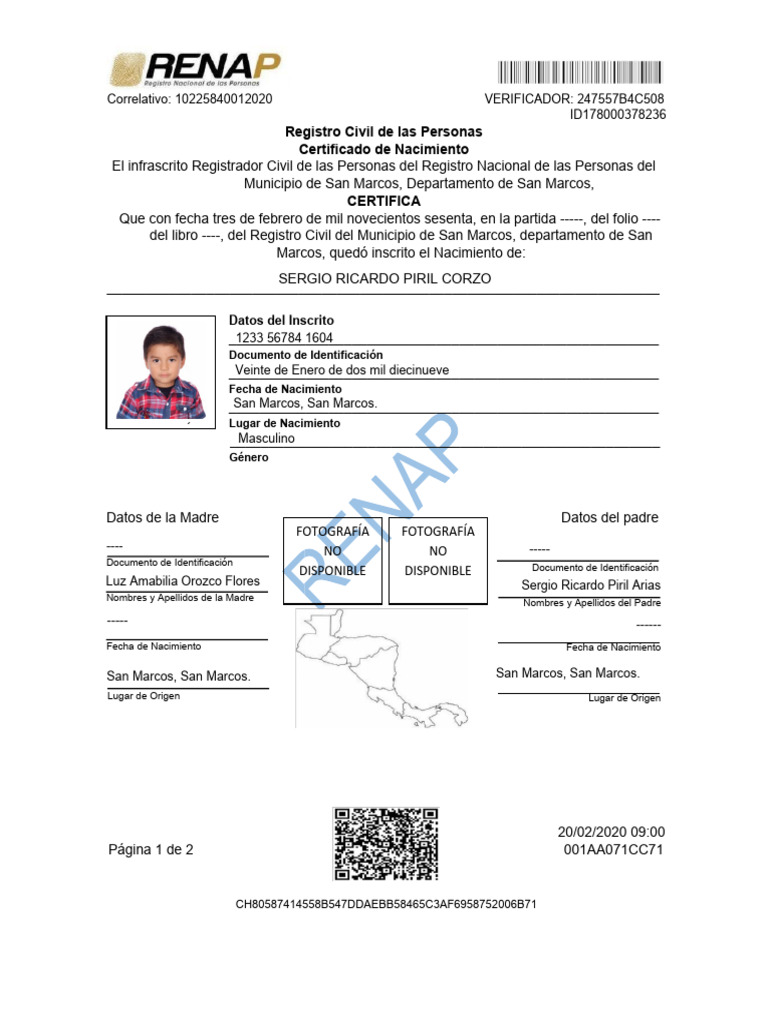Certificado de Nacimiento Renap | PDF | Autenticación | Gobierno y personalidad