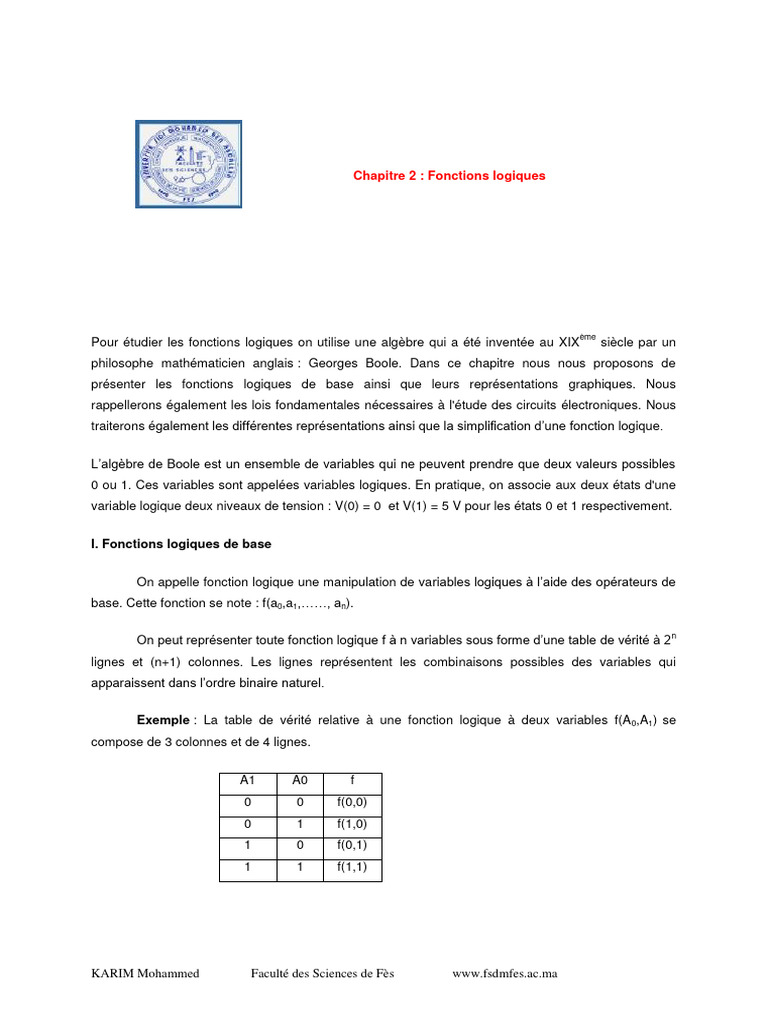 Introduction aux Fonctions Logiques | PDF | Algèbre de Boole (logique ...