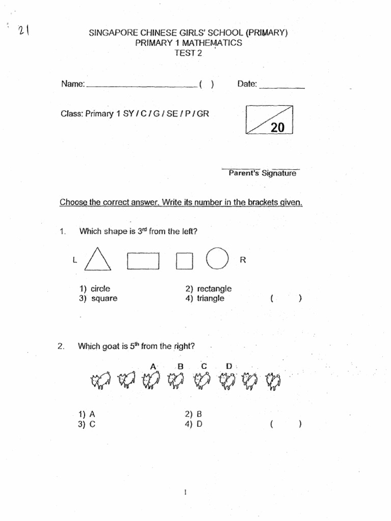 P1 Maths 2018 SCGS Test1 Papers | PDF