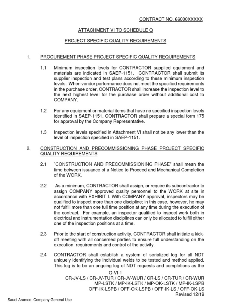 Schedule Q - Attachment VI Rev.2 | PDF | General Contractor ...