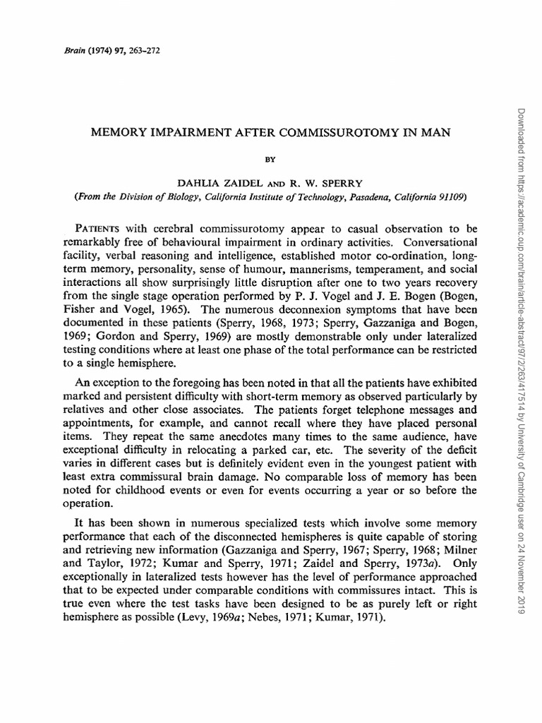 Memory Impairment After Commissurotomy in Man 1974 | PDF ...