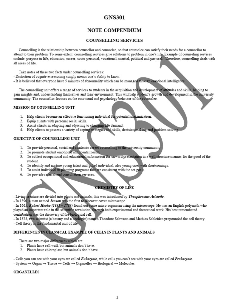 GNS301 Note Compendium | Download Free PDF | Cell (Biology) | Glucose
