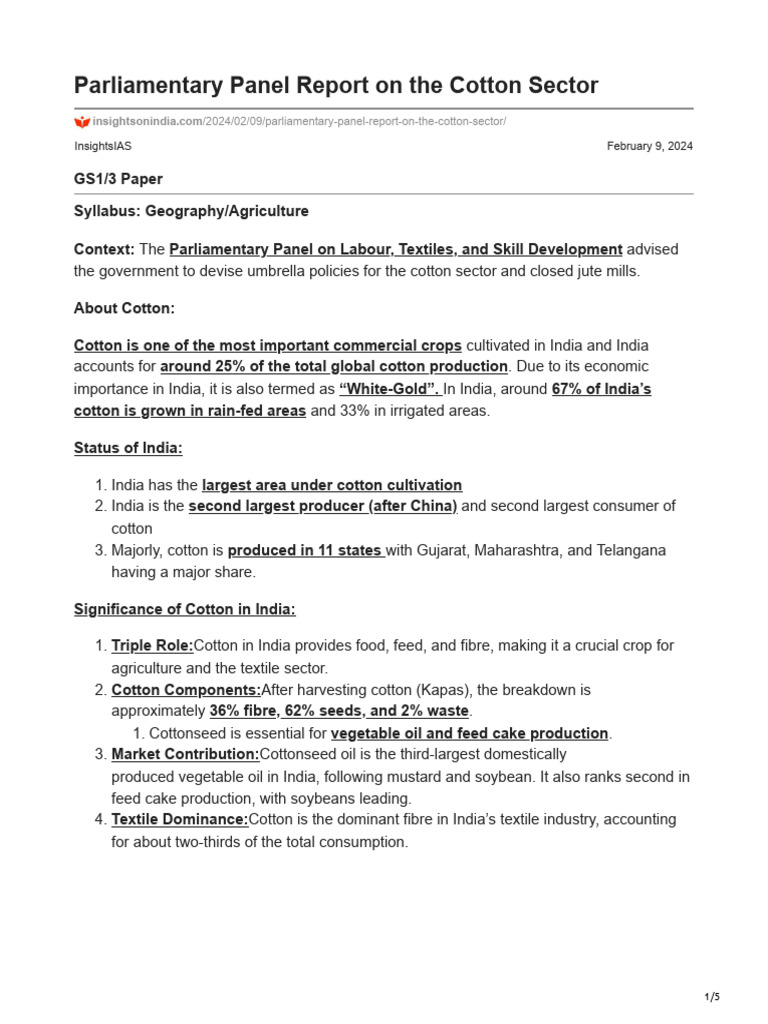 Parliamentary Panel Report On The Cotton Sector | PDF | Agriculture ...