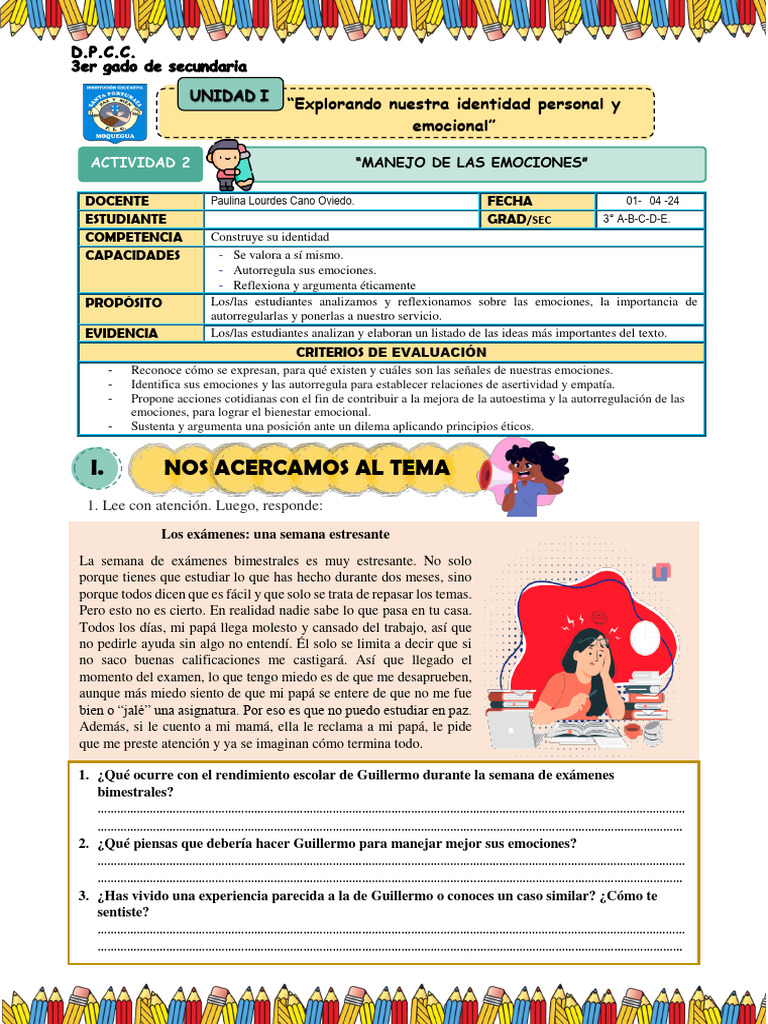 3° DPCC - Actv.02-Uni.1 2024 | PDF | Las emociones | Empatía