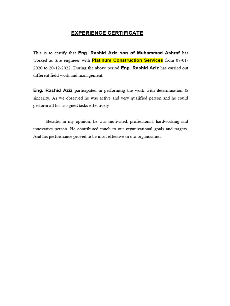 Site Engineer Experience Certificate | PDF | Business