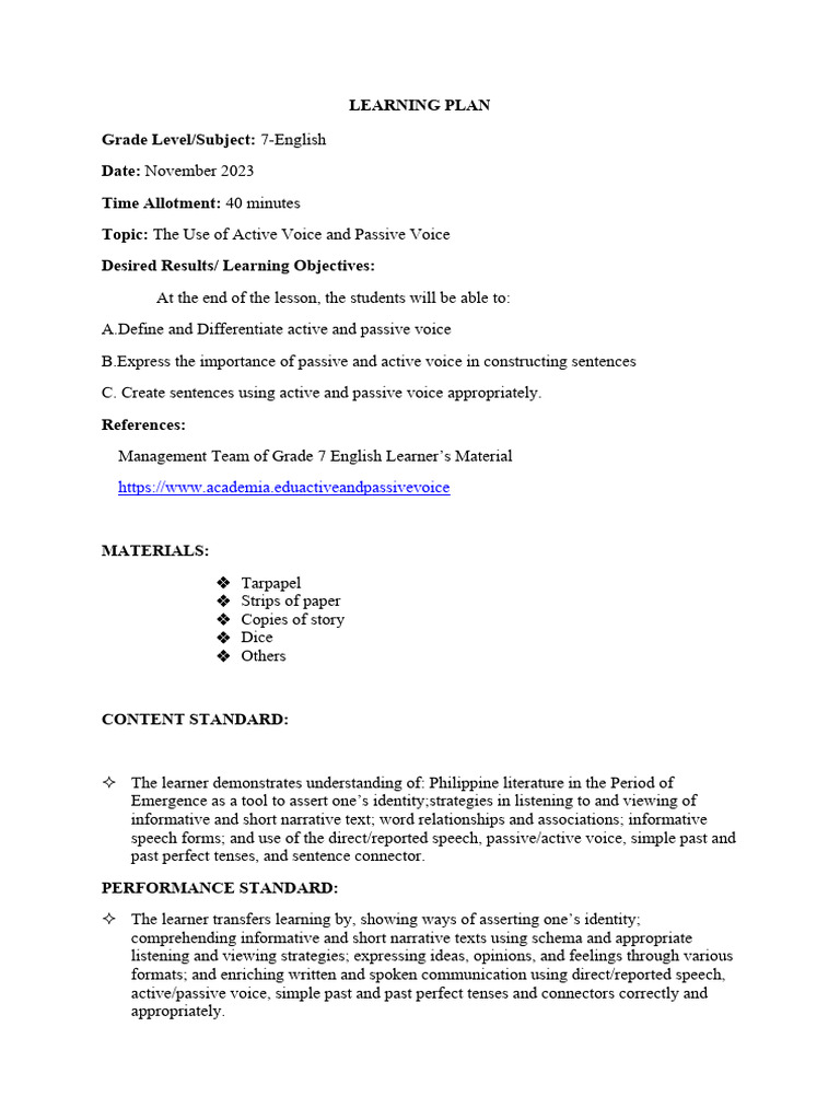 Active and Passive Voice Lesson Plan | PDF | Learning | English Language