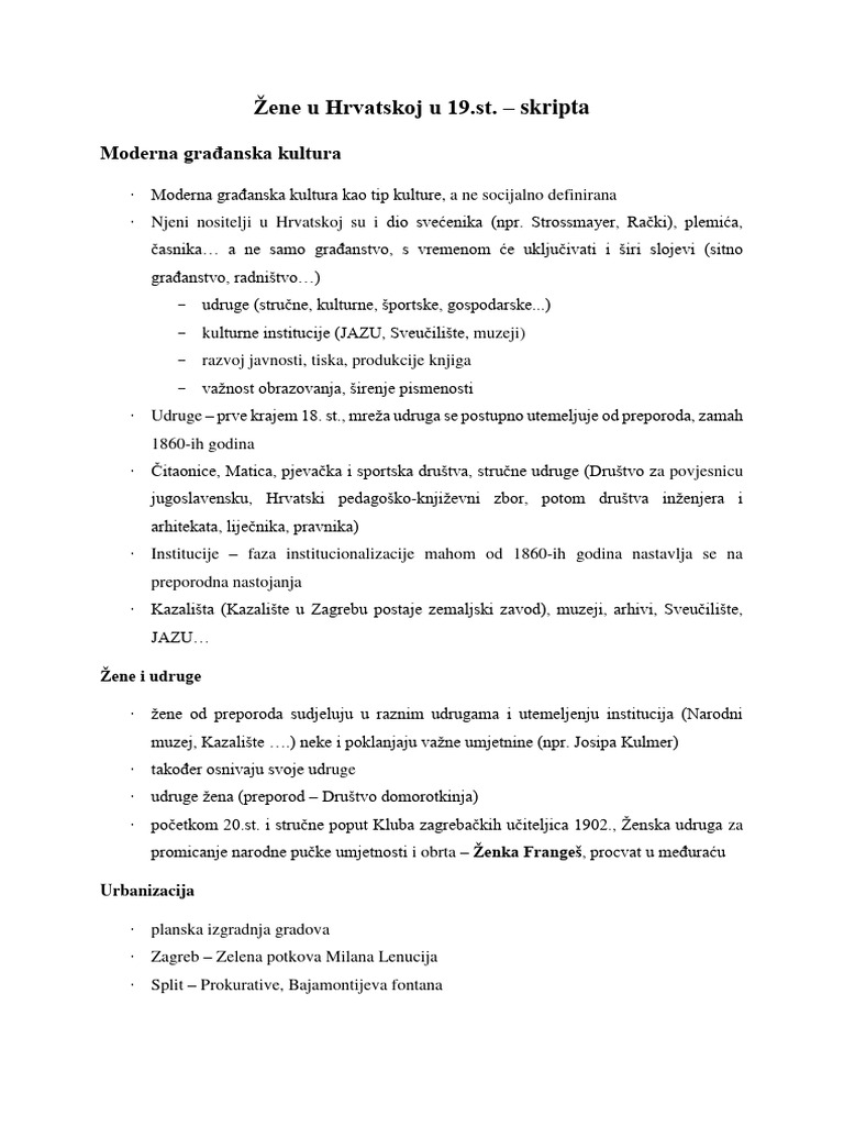 Žene U Hrvatskoj U 19.st - Skripta | PDF