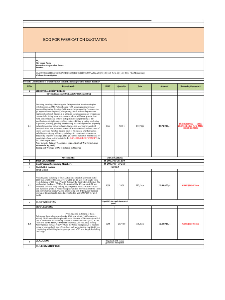 BOQ_FAB_FOR SHED | PDF | Sheet Metal | Screw