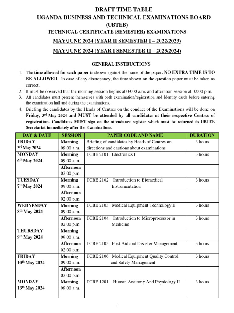UBTEB Draft Timetable May 2024 | PDF | Academic Term | Medical Device