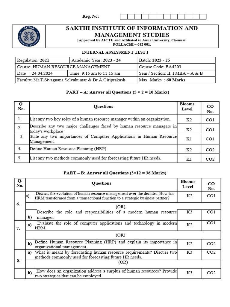 HRM First Internal QP 2023 - 24 | PDF | Human Resource Management ...