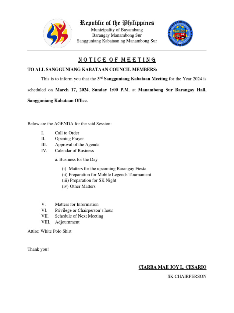 3rd SK Meeting Notice for March 2024 | PDF