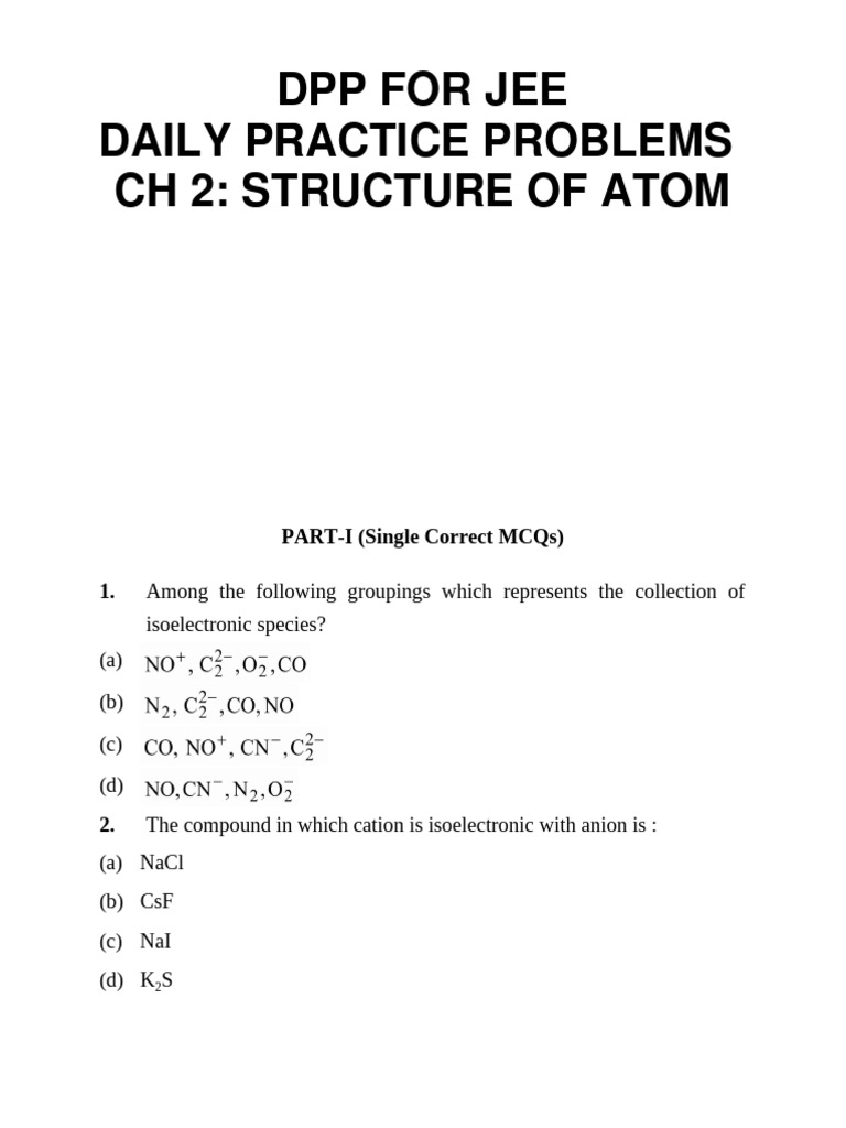 DPP For Jee Daily Practice Problems CH 2: Structure of Atom: Part-I (Single Correct MCQS) 1 ...