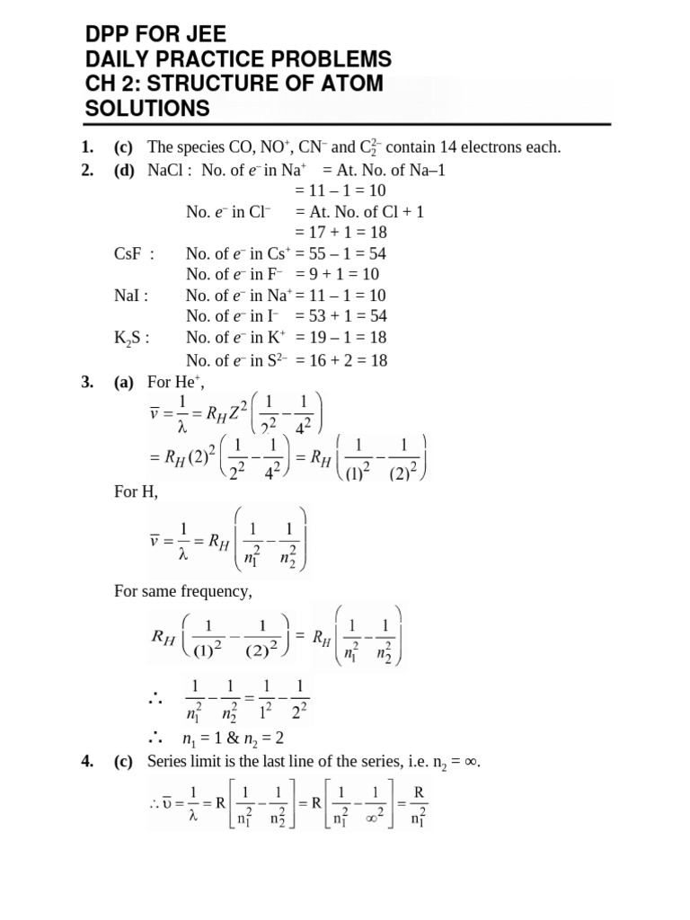 DPP For Jee Daily Practice Problems CH 2: Structure of Atom Solutions | PDF | Atomic Orbital ...