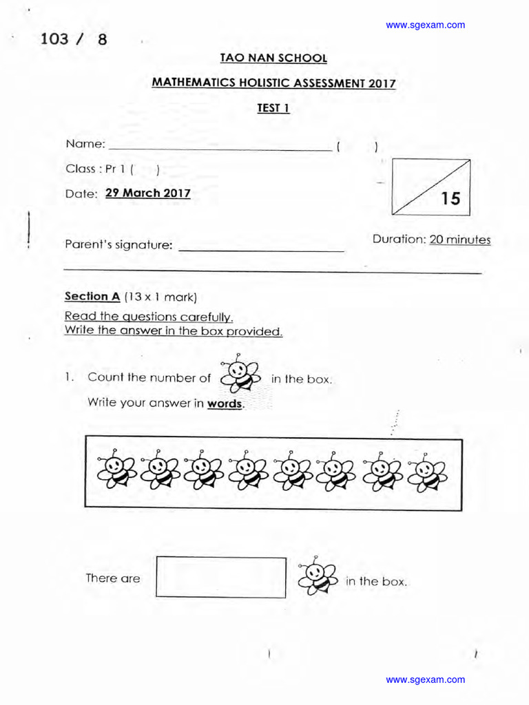 2017-P1-Maths-Test-Tao Nan | PDF