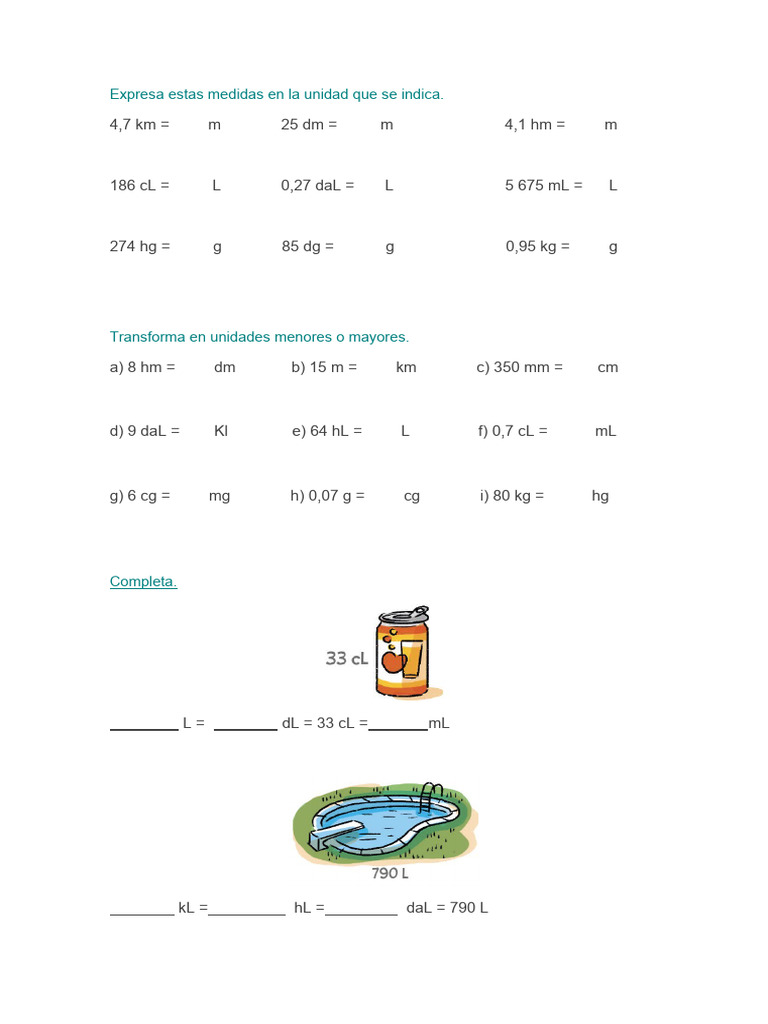Ejercicios de Conversión de Unidades | PDF | Volumen | Litro