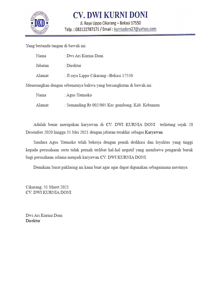 paklaring.cv doni | PDF