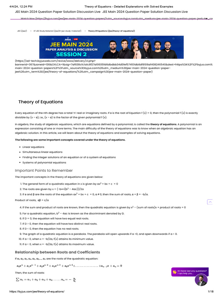 Theory of Equations - Detailed Explanations With Solved Examples | PDF ...