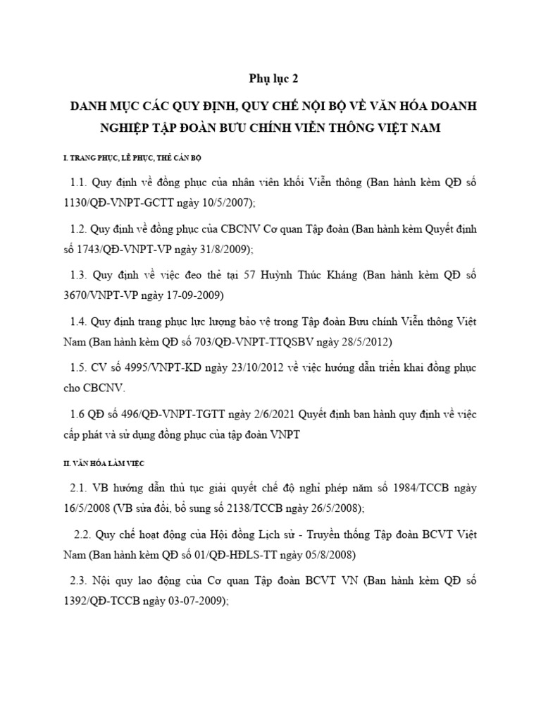 Phụ lục 2 Danh Mục Các Quy Định, Quy Chế Nội Bộ Về Văn Hóa Doanh Nghiệp Tập Đoàn Bưu Chính Viễn ...