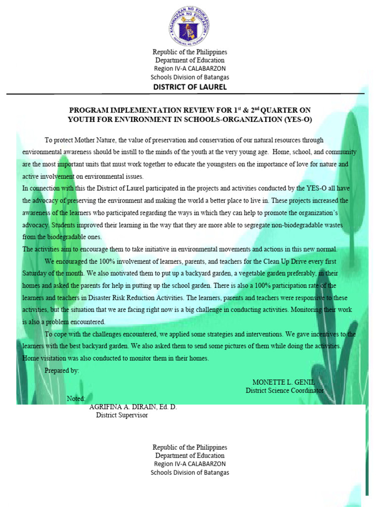 Laurel District Program Implementation Review For YES-O | PDF | Learning | Environmentalism