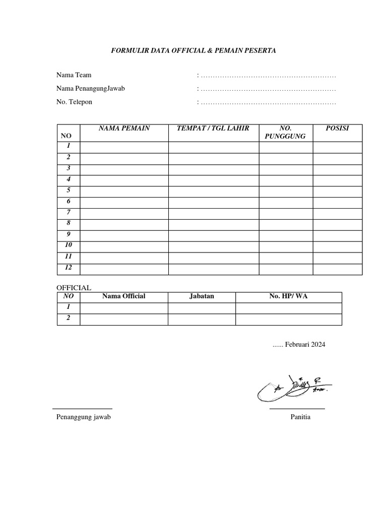 Formulir Data Pemain Dan Official | PDF | Karier & Perkembangan