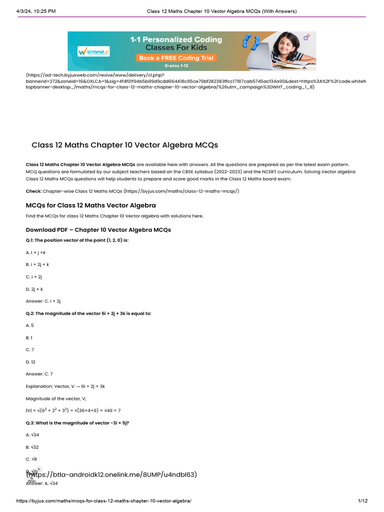 Class 12 Maths Chapter 10 Vector Algebra MCQs (With Answers) | PDF | Euclidean Vector | Vector Space