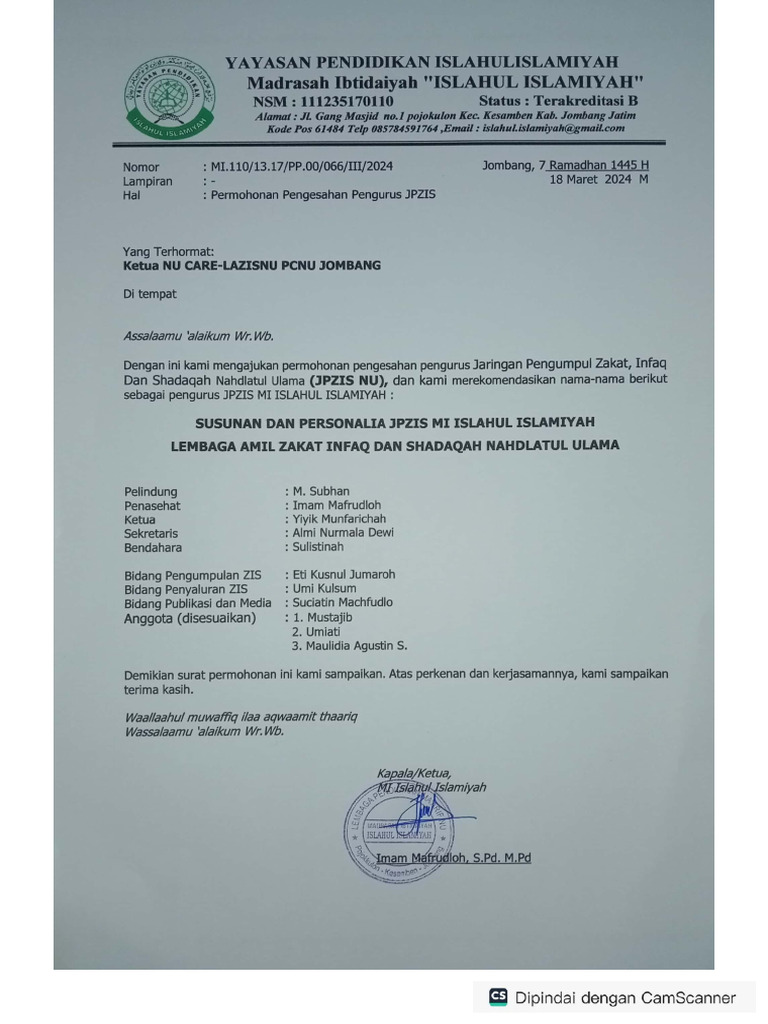 Format Surat Permohonan Pengesahan Pengurus JPZIS NU CARE-LAZISNU PCNU JOMBANG | PDF