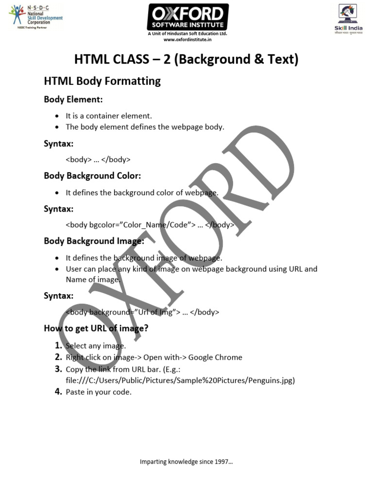 HTML Class-2 (Background & Text) | PDF | Html | Hypertext HTML Class-2 (Background & Text) | PDF | Html | Hypertext