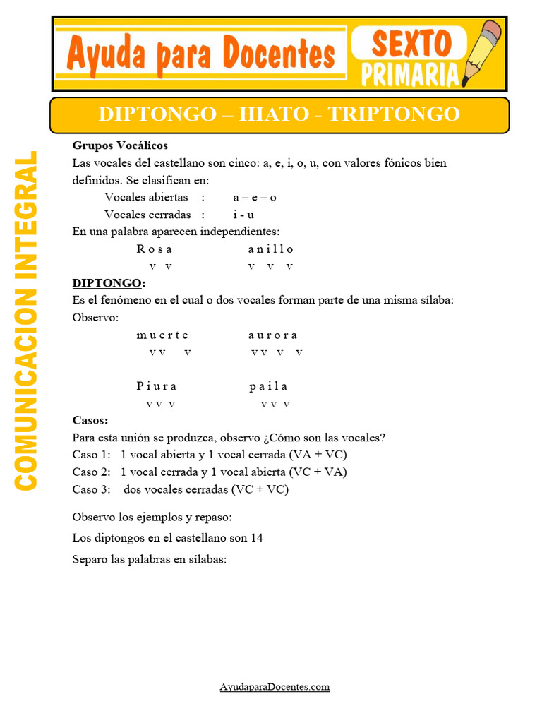 Fichas de Diptongo Hiato Triptongo para Sexto de Primaria | PDF | Vocal ...