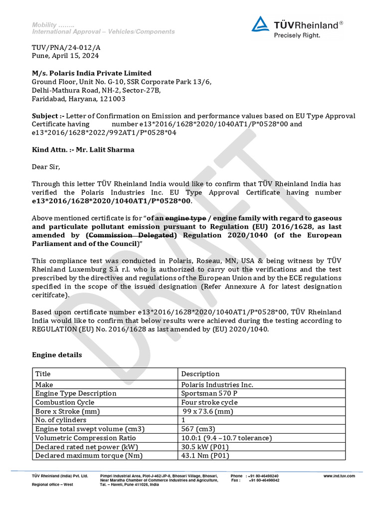 TUV Test Report On Emission | PDF | Engineering | Vehicle Technology