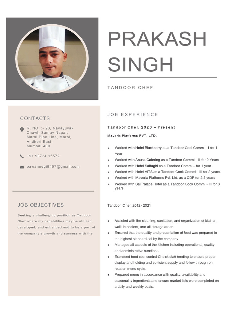 Pawan Negi CV A4 Revised | PDF | Chef | Kitchen