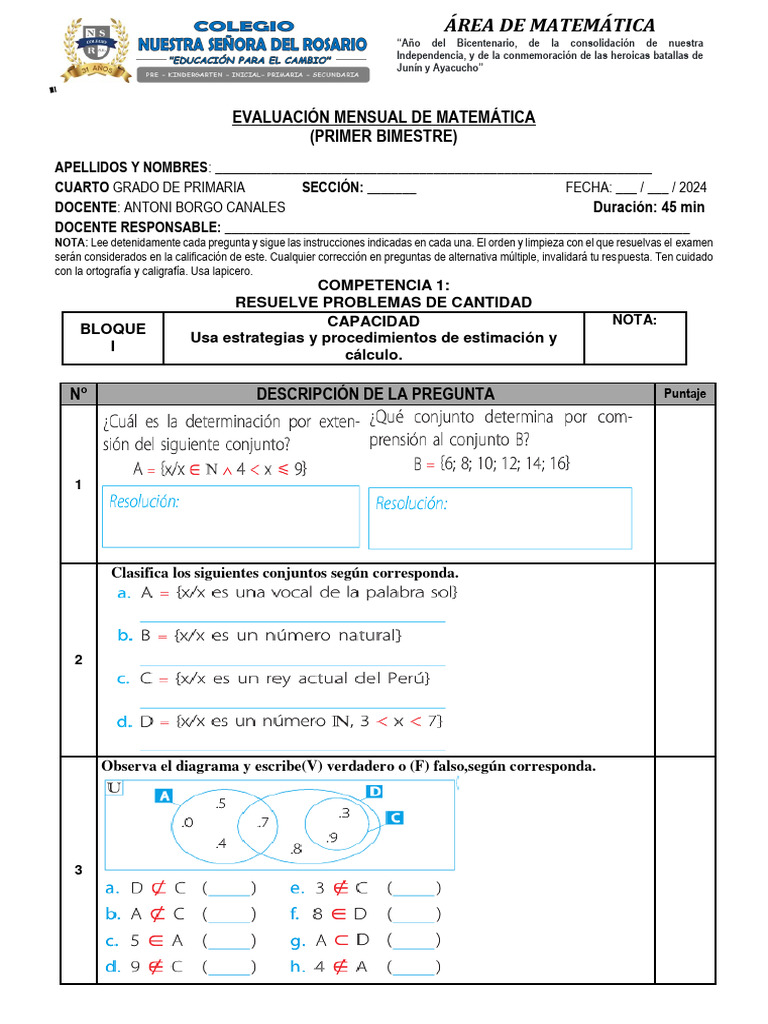 Exámen Mensual-4to-Mat-Ibim - 2024 - NSR | PDF | Matemáticas